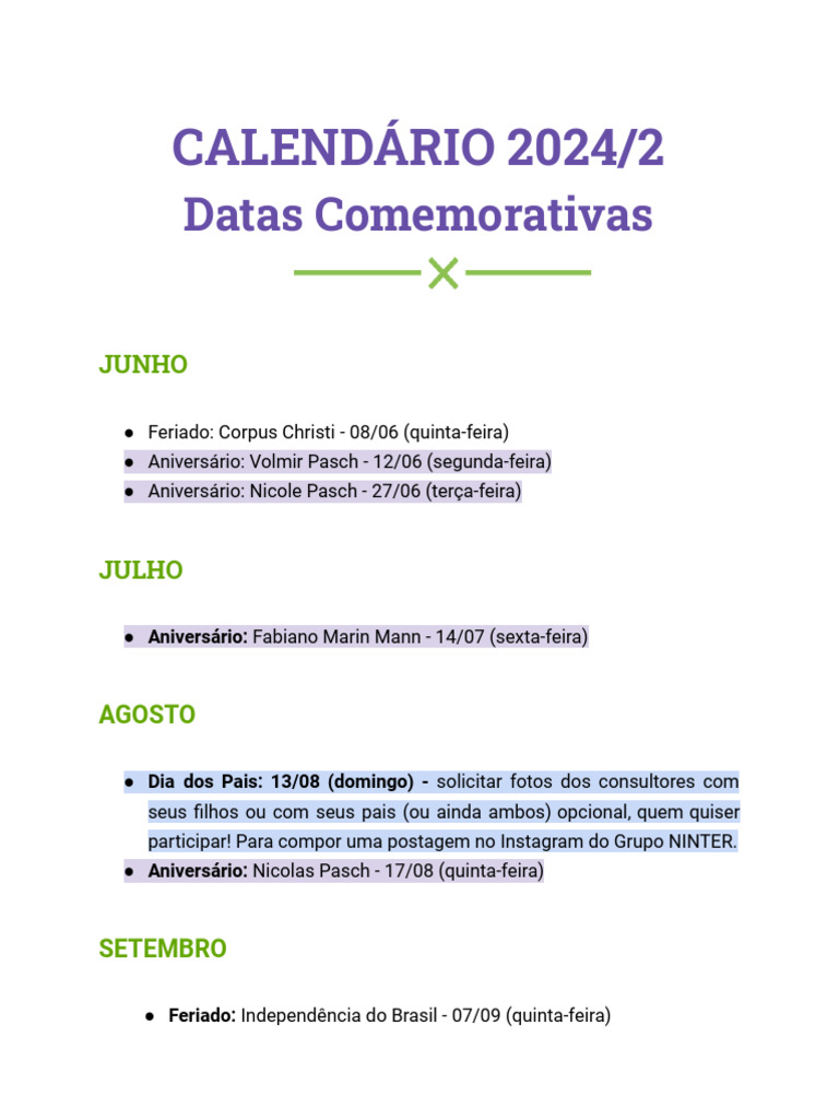 Datas Comemorativas 2024/2 | PDF