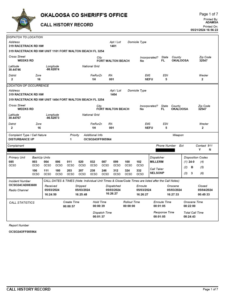 Okaloosa County Dispatch Call Log | PDF