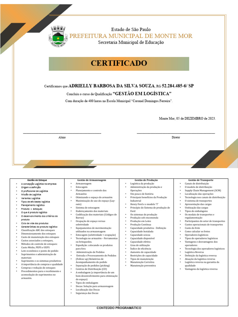 Certificado de Curso em Gestão Logística | PDF | Logística | Cadeia de ...