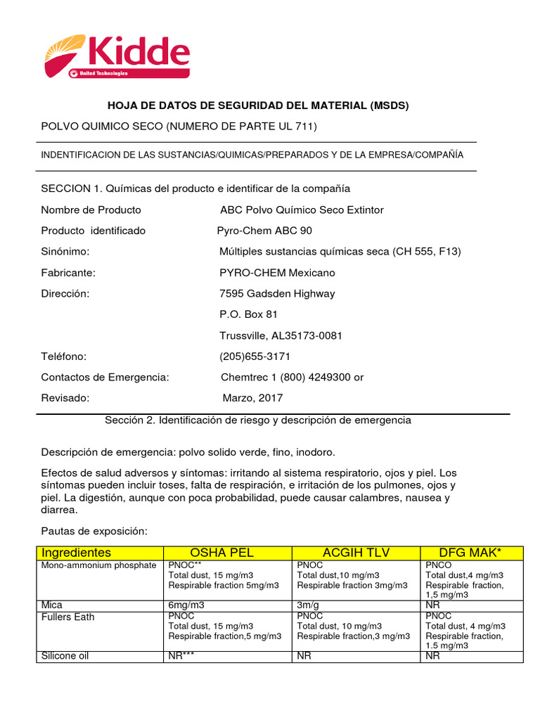 Polvo Químico Seco ABC - KIDDE Pyro-Chem 90 (MSDS) | PDF