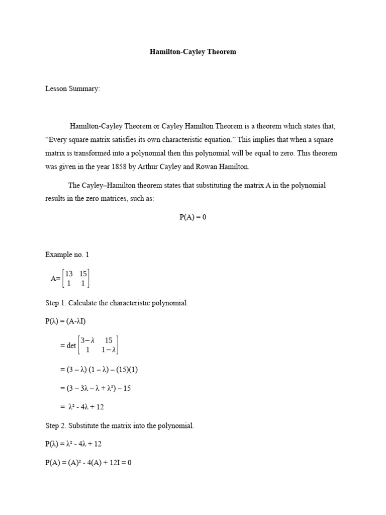 Hamilton-Cayley Theorem | PDF | Matrix (Mathematics) | Mathematical Analysis