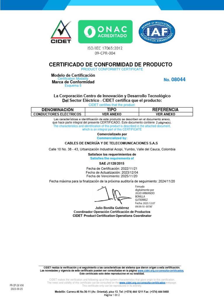 Certificado 08044 - Sae J1128 - Perú | PDF | Electrónica | Electromagnetismo