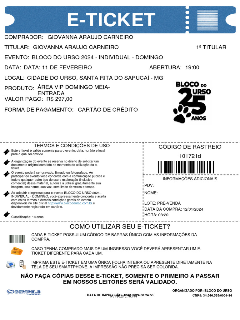 E-Ticket Bloco do Urso 2024 - Domingo | PDF