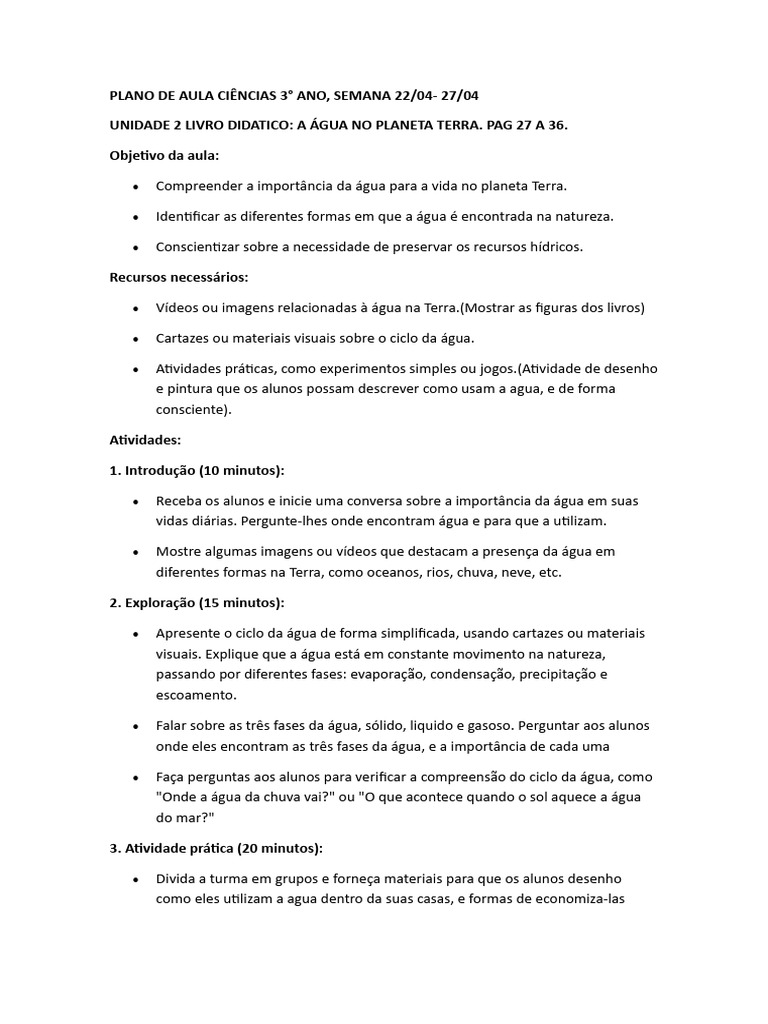 Plano de Aula Ciencias | PDF | Água | Ciclo da água