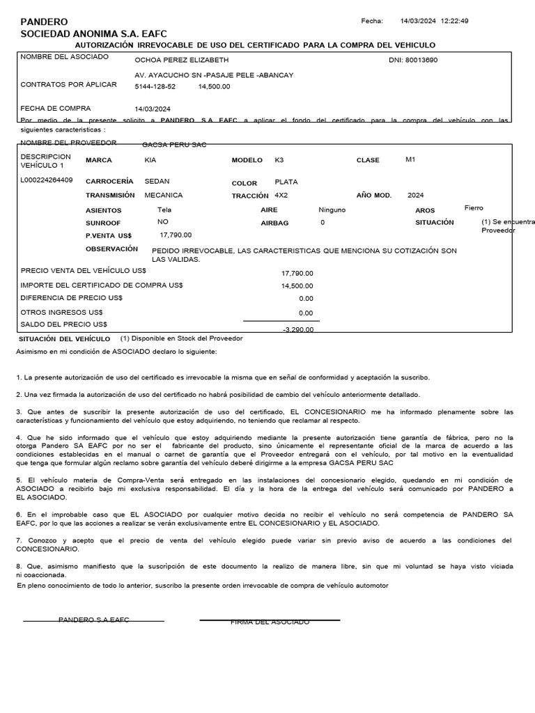Orden de Pedido Elizabeth Ochoa DRS2 | PDF
