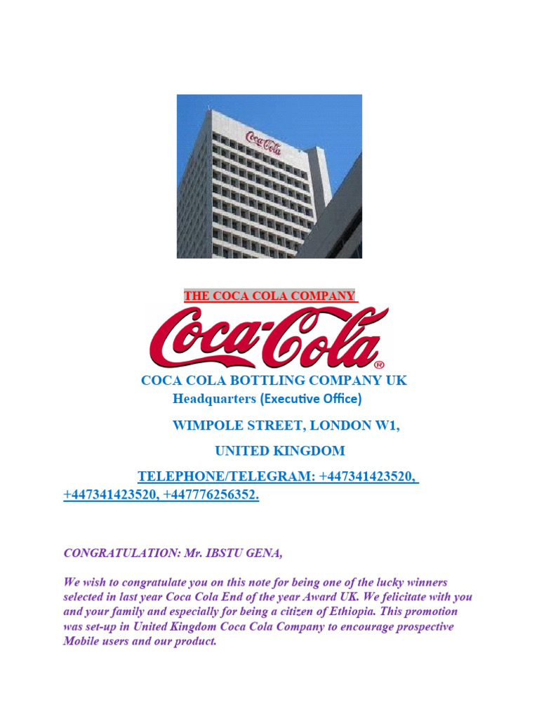 Coca-Cola UK Prize Notification Letter | PDF | Ethiopia | The Coca Cola ...