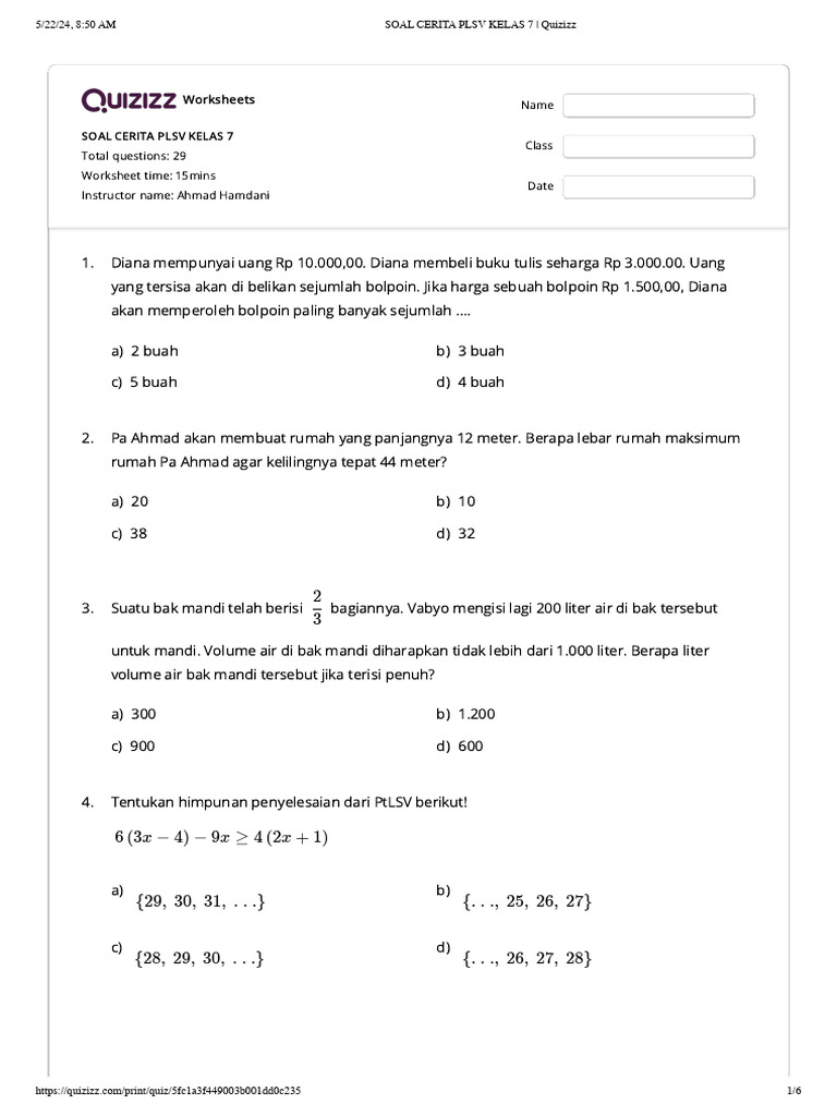 SOAL CERITA PLSV KELAS 7 - Quizizz | PDF