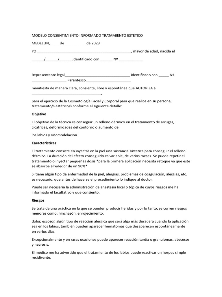 Consentimiento Informado Tratamiento Estético | PDF | Alergia | Consentimiento informado