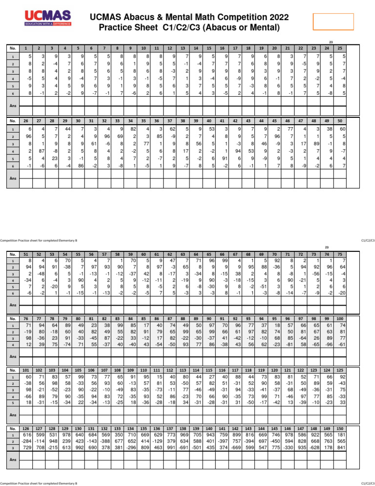 UCMAS Abacus Math Practice Sheet | PDF