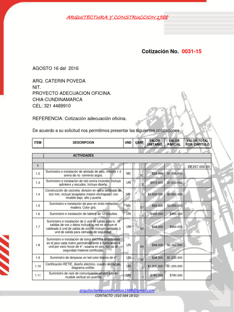 Cotizacion 0031-16 - Arq.katerin Poveda (Chia-cund) Final | PDF | Materiales | Equipo