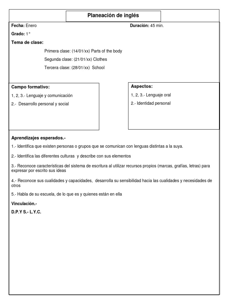 Planeación de Clases de Inglés para Primaria | PDF | Comunicación ...