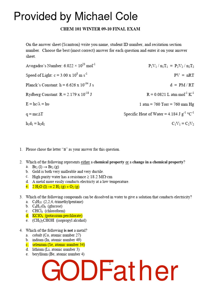 CHEM 101 Past Questions With Answers by Tihboi | PDF | Materials | Atoms