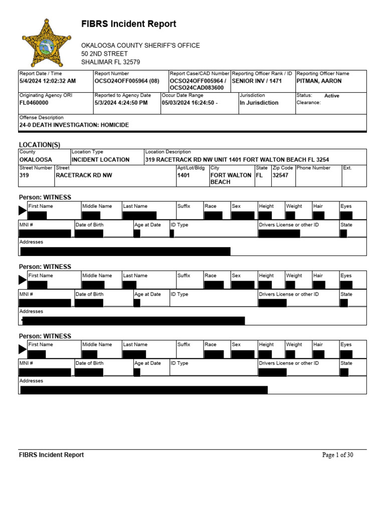 Okaloosa County Homicide Report | PDF | Cartridge (Firearms) | Firearms