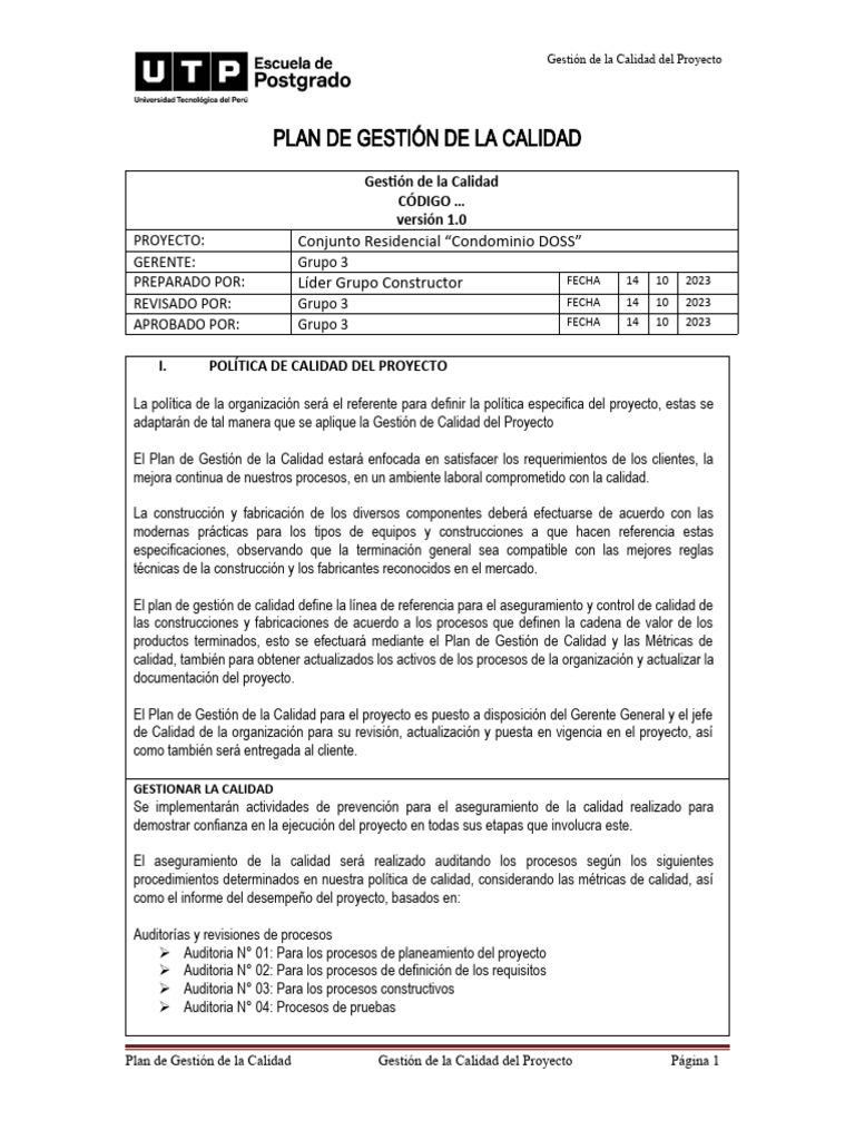 Plan de Gestion de La Calidad Del CONDOMINIO DOSS | PDF | Calidad (comercial) | Gestión de la ...