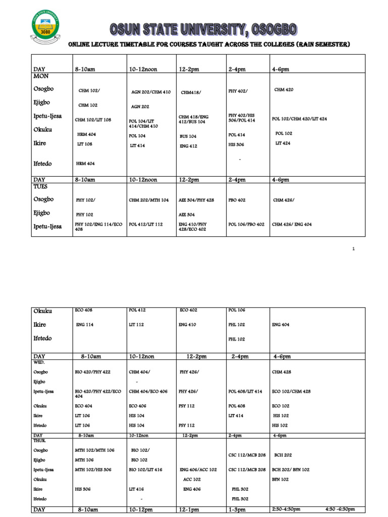 Online Lecture Timetable For Rain Semester | PDF