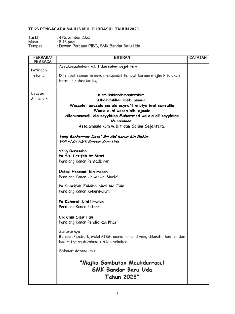 Teks - Pengacara - Majlis - Maulidur Rasul 2023 | PDF