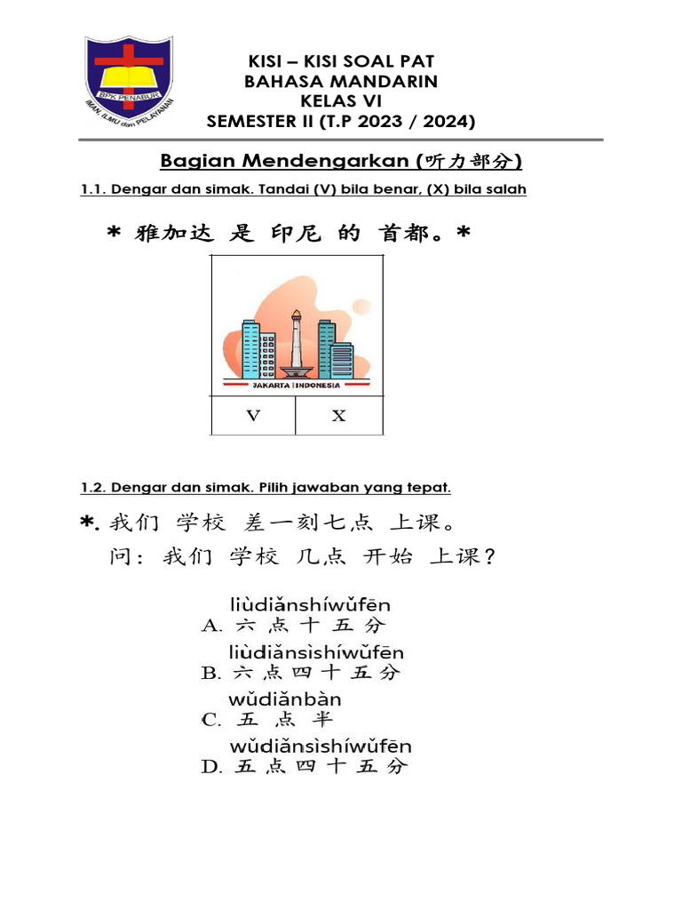 Kisi-kisi PAT Mandarin Kelas VI s. 2. 2023-2024 | PDF