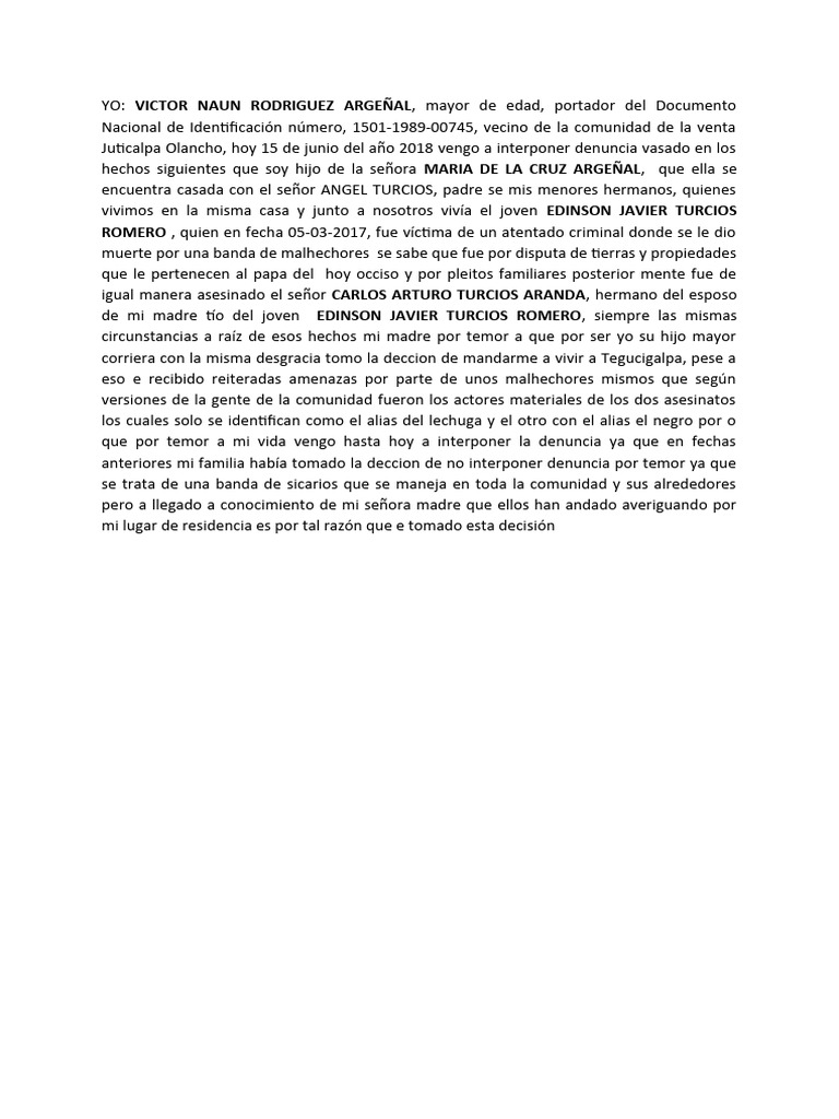 Denuncia por Amenazas y Homicidios | PDF