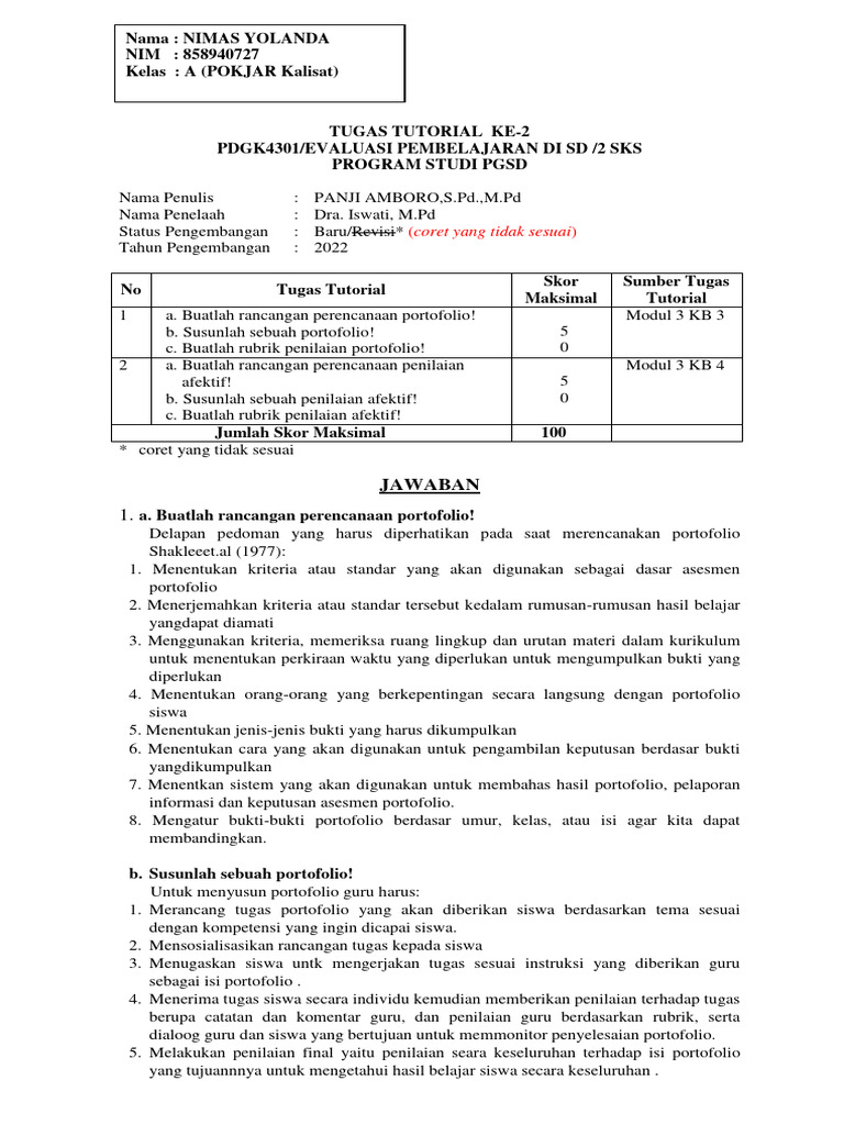 NIMAS YOLANDA - TUGAS TUTORIAL KE 2 (Evaluasi Pembelajaran) | PDF