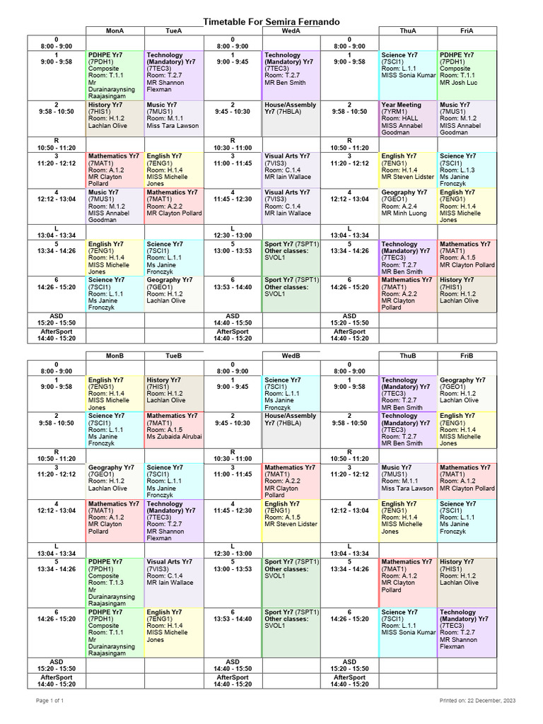 Year 7 Timetable Overview | PDF
