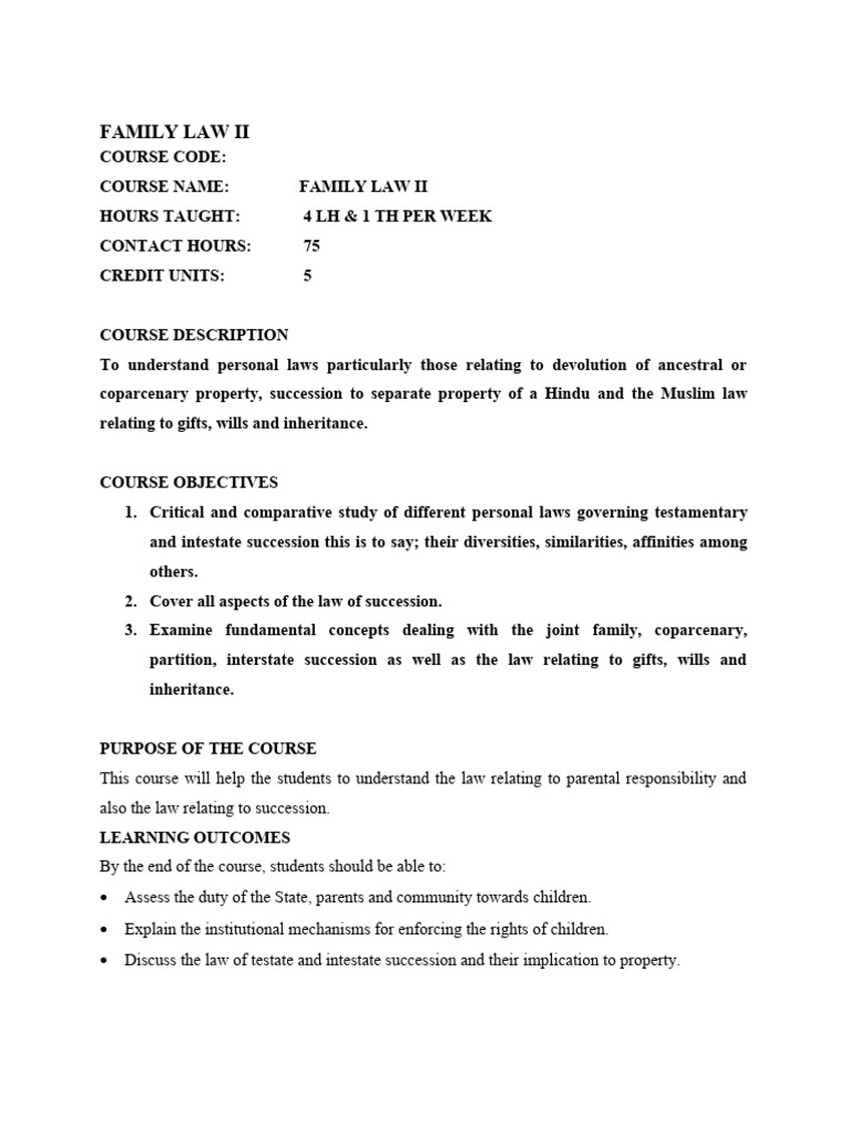 Family Law II Course Outline | PDF | Parent | Social Institutions