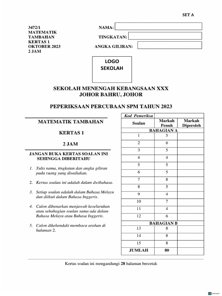2023 Johor Bahru Matematik Tambahan K1 Set 1 | PDF