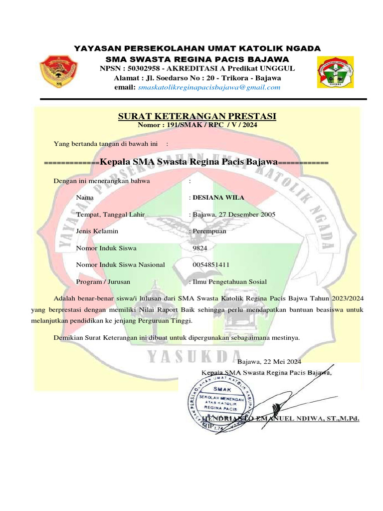 Surat Keterangan Prestasi Desy | PDF