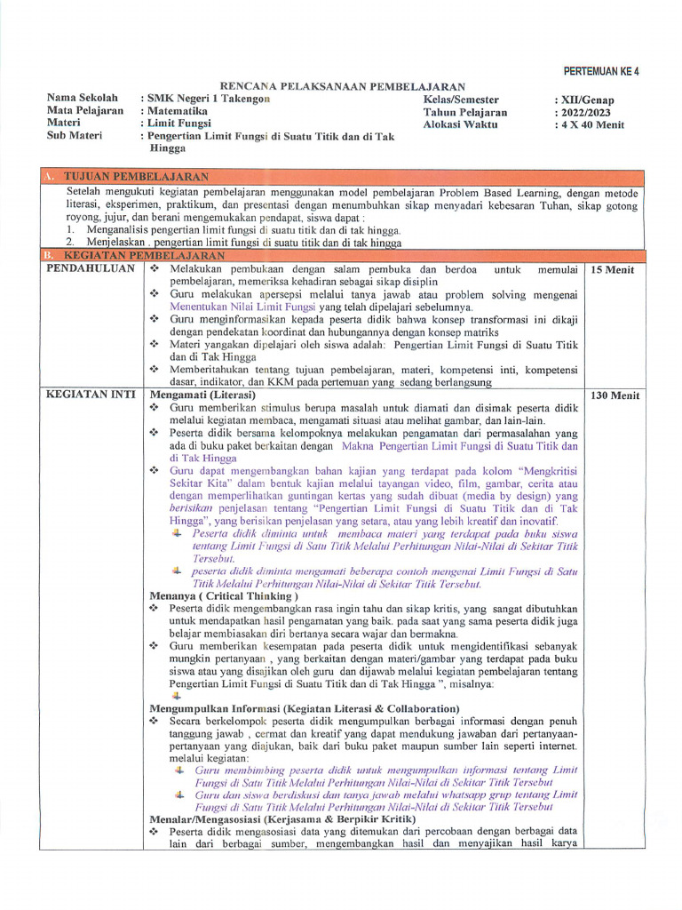 4 RPP Pengertian Limit Fungsi Suatu Titik Dan Tak Hingga Genap | PDF