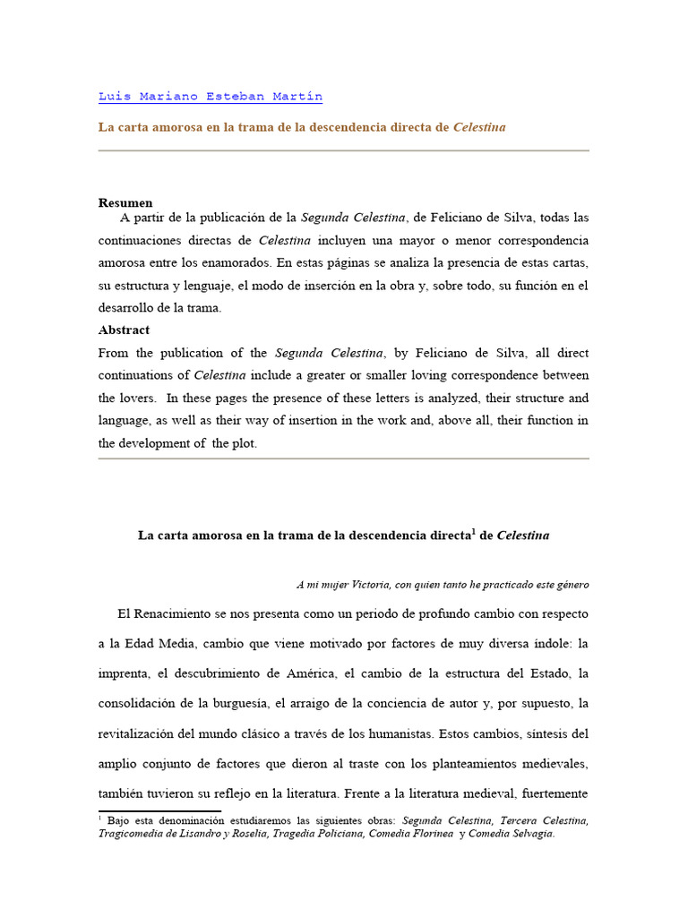 Función de las cartas amorosas en Celestina | PDF | Novelas | Amor