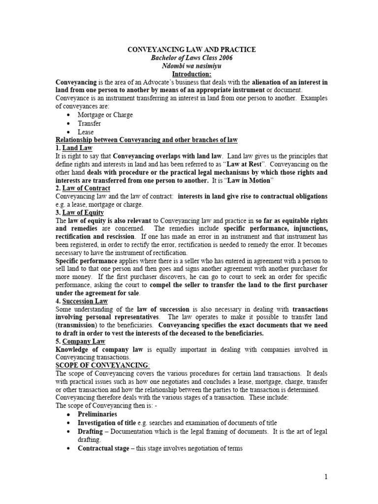 Conveyancing Notes First Lectures | PDF | Lease | Conveyancing