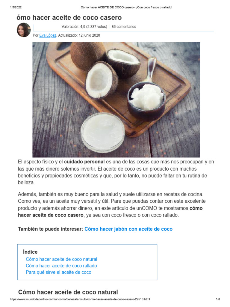 Cómo Hacer ACEITE DE COCO Casero - ¡Con Coco Fresco o Rallado! | PDF ...