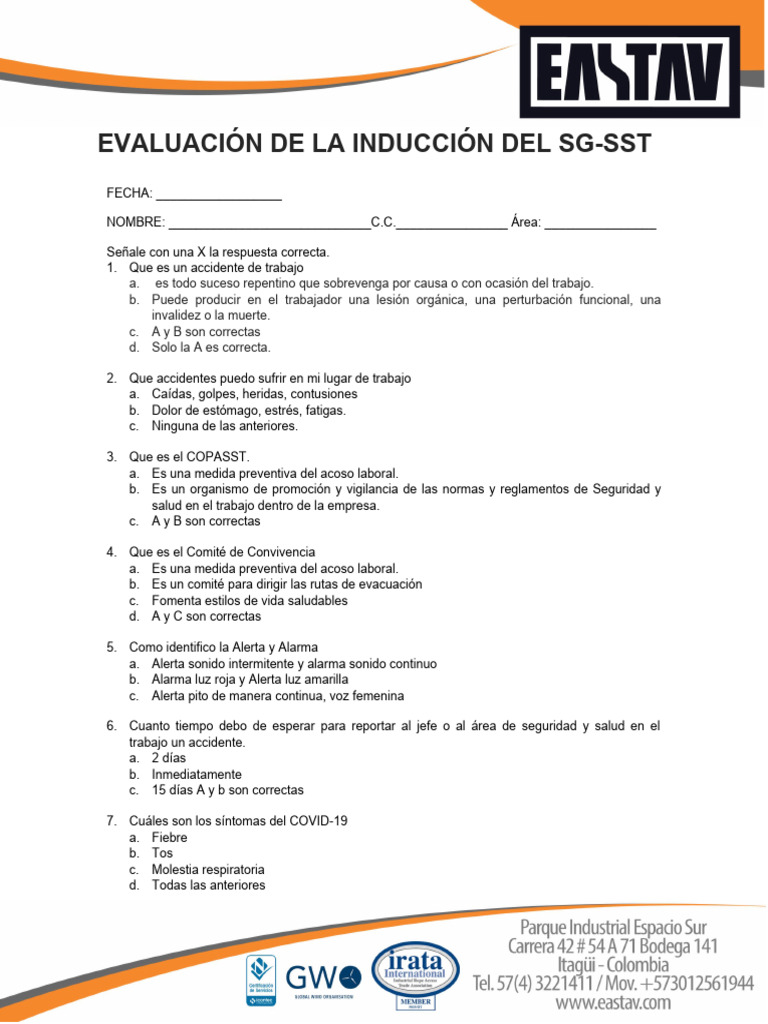 Evaluación Inducción y Reinducción. | PDF