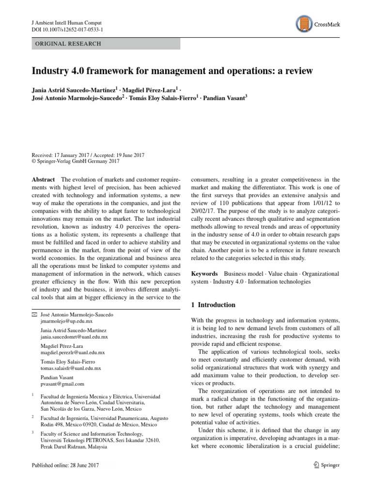 Journal 3 - Industry 4.0 Framework For Management and Operations A Review | PDF | Cluster ...