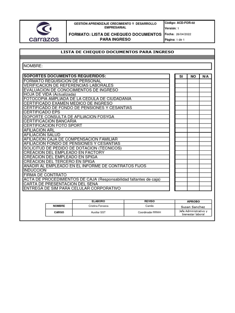 02 Formato Documentos Requeridos Ingreso de Personal | PDF
