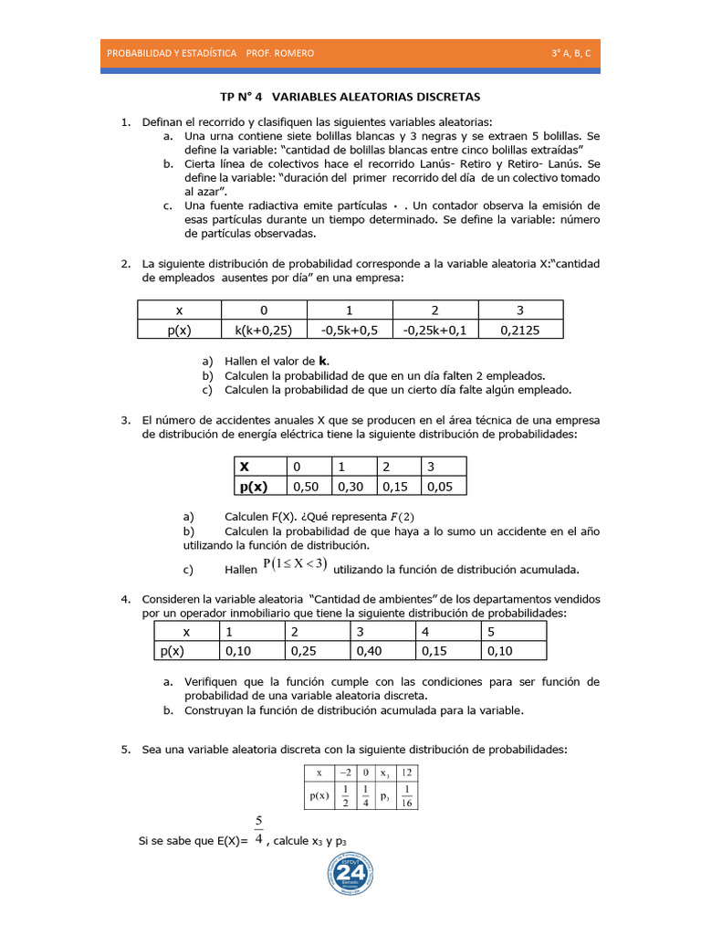 TP N 4 Variables Aleatorias Discretas | PDF | Probabilidad | Variable aleatoria