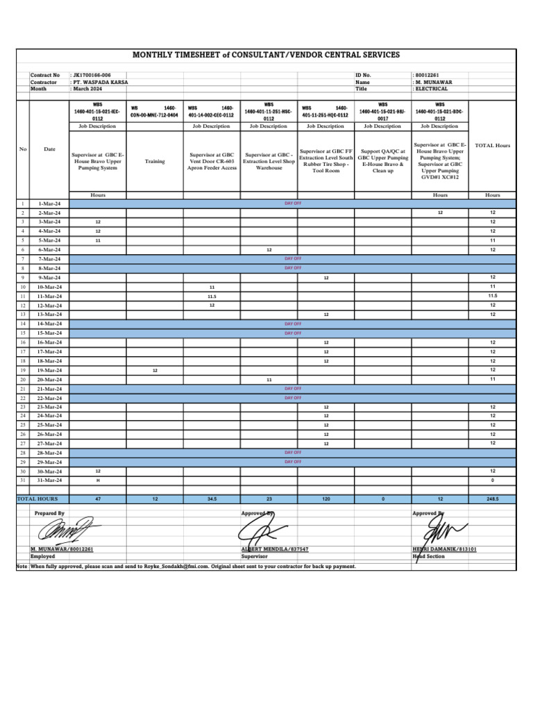 Monthly Timesheet Mar 2024 - M Munawar0 | PDF