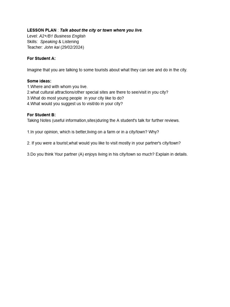A2+/B1 Lesson Plan: City Talks | PDF