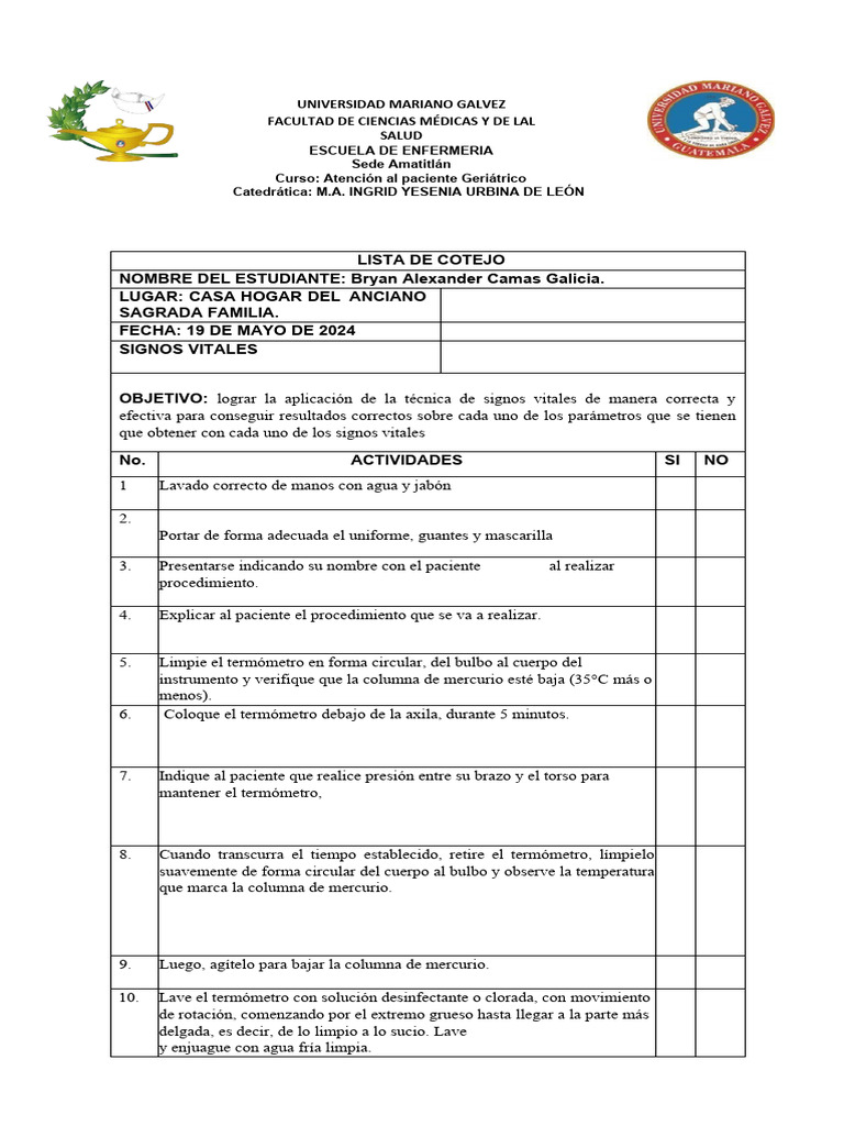 Lista de Cotejo Geriatria Signos Vitales 1 | PDF