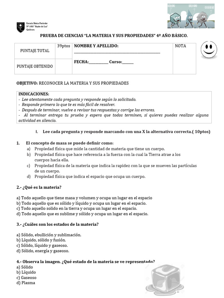 Prueba de Ciencias La Materia y Sus Caracteristicas | PDF | Importar ...