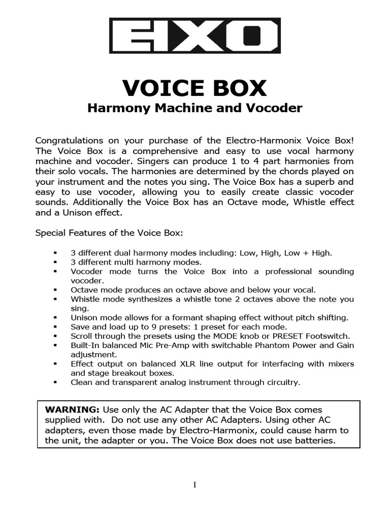Electro-Harmonix Voice Box - Manual | PDF | Microphone | Harmony