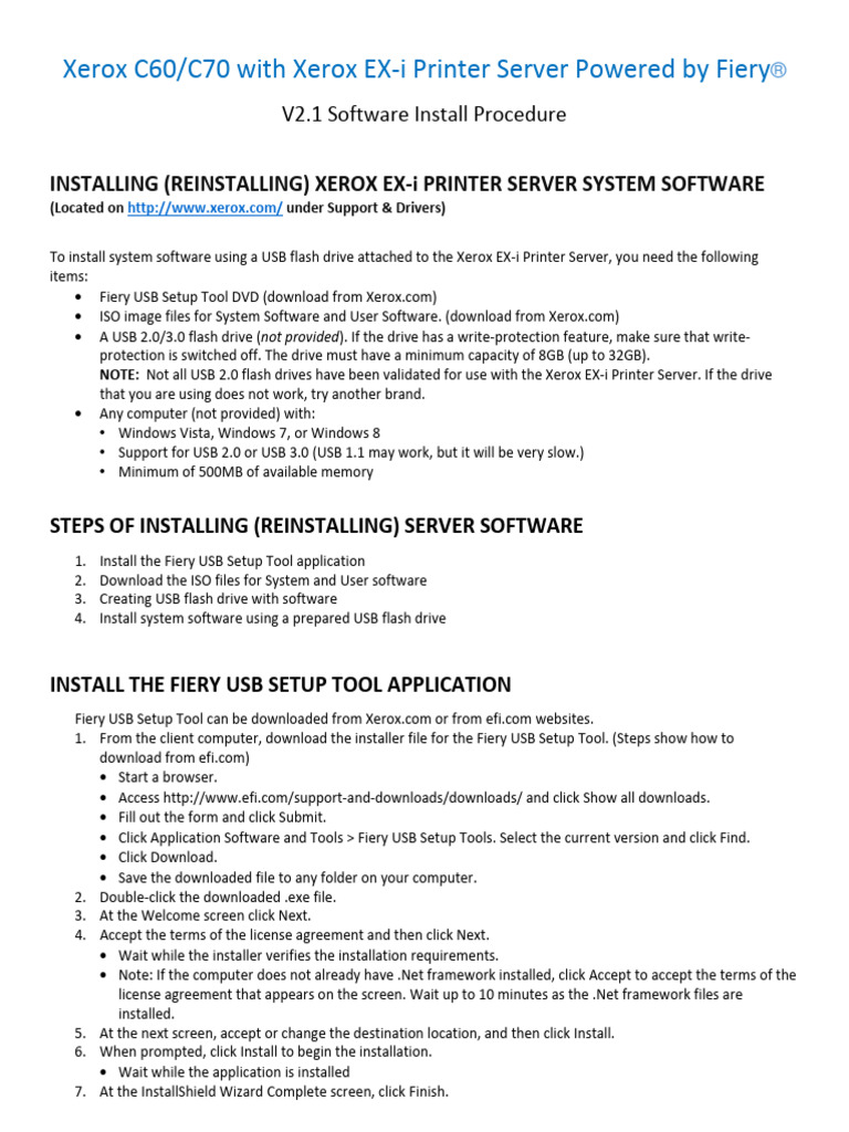 XeroxEX I - C60 C70PrinterServerInstall | PDF | Usb Flash Drive | Installation (Computer Programs)