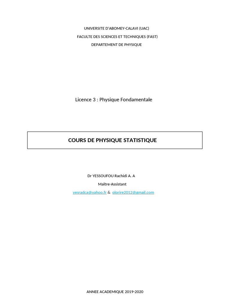 Physique Statistique | PDF | Physique statistique | Loi de probabilité