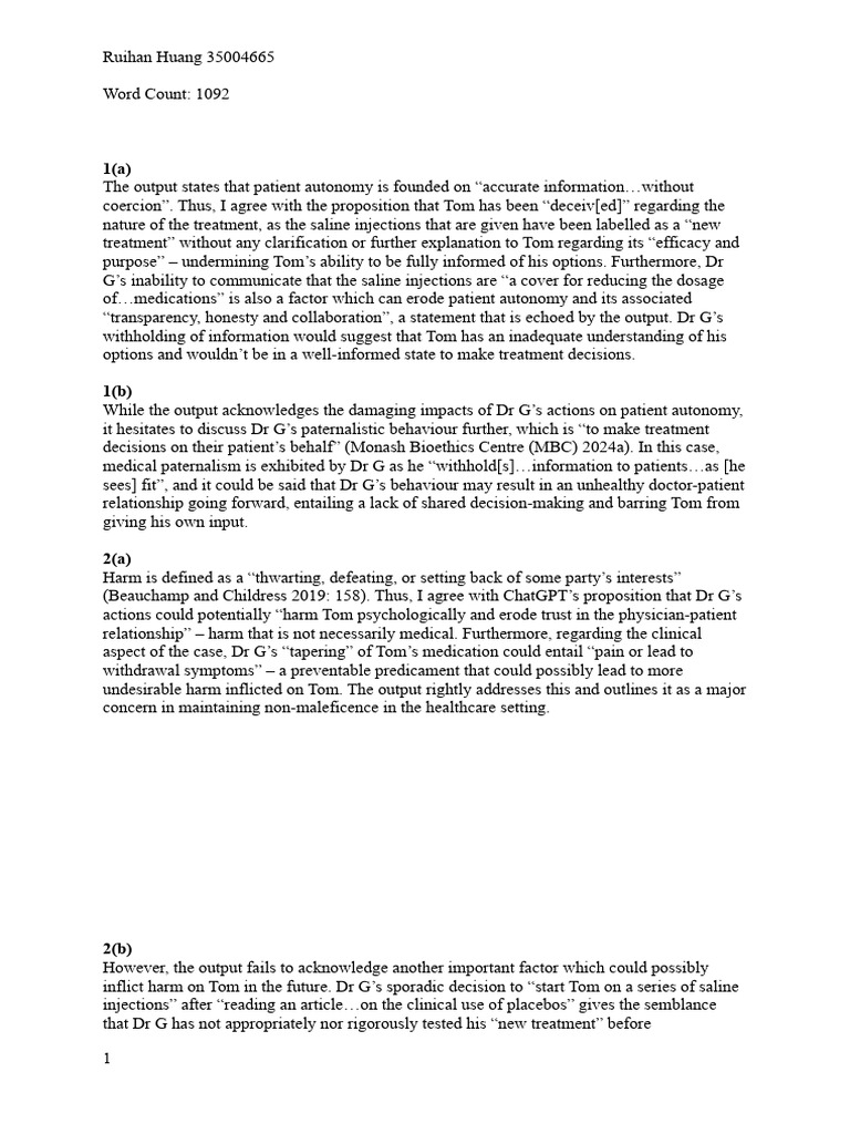 Year 1 Ethics Assignment | PDF | Autonomy | Medical Ethics