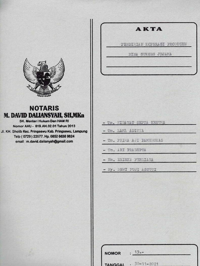 AKTA NOTARIS KOPERASI BINA SUKSES JEJAMA (BSJ) - SMALL - Opt | PDF