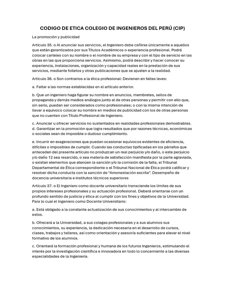 Codigo de Etica Colegio de Ingenieros Del Perú | PDF | Maestros ...