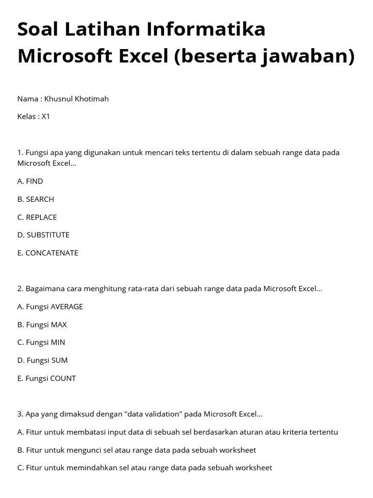 Soal Latihan Informatika Microsoft Excel (Beserta Jawaban) - 20240522 - 231046 - 0000 | PDF