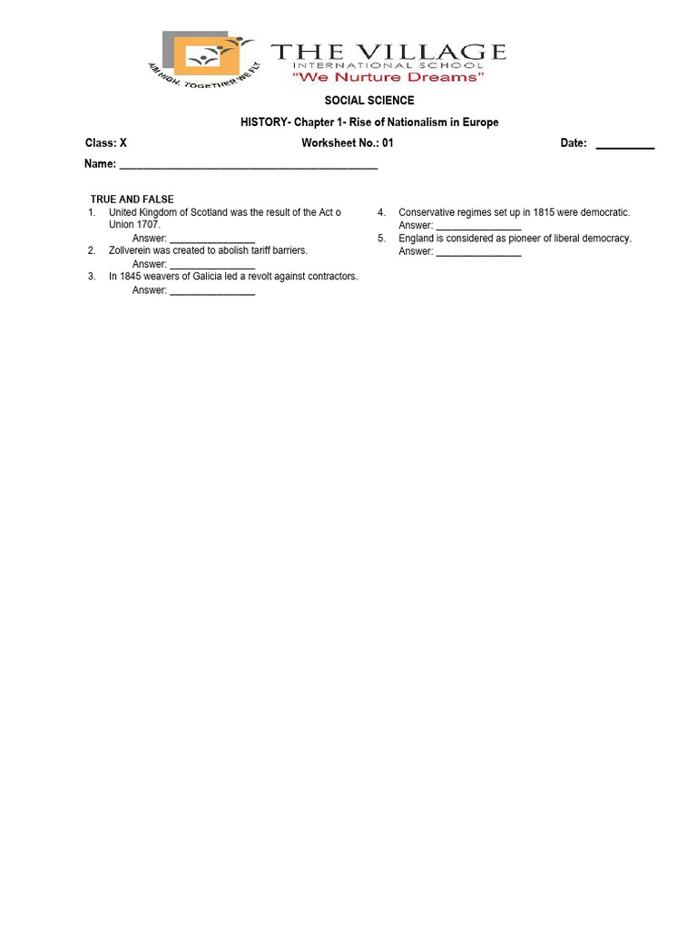 Class X - Worksheet - History - Chapter1 - Rise of Nationalism in ...