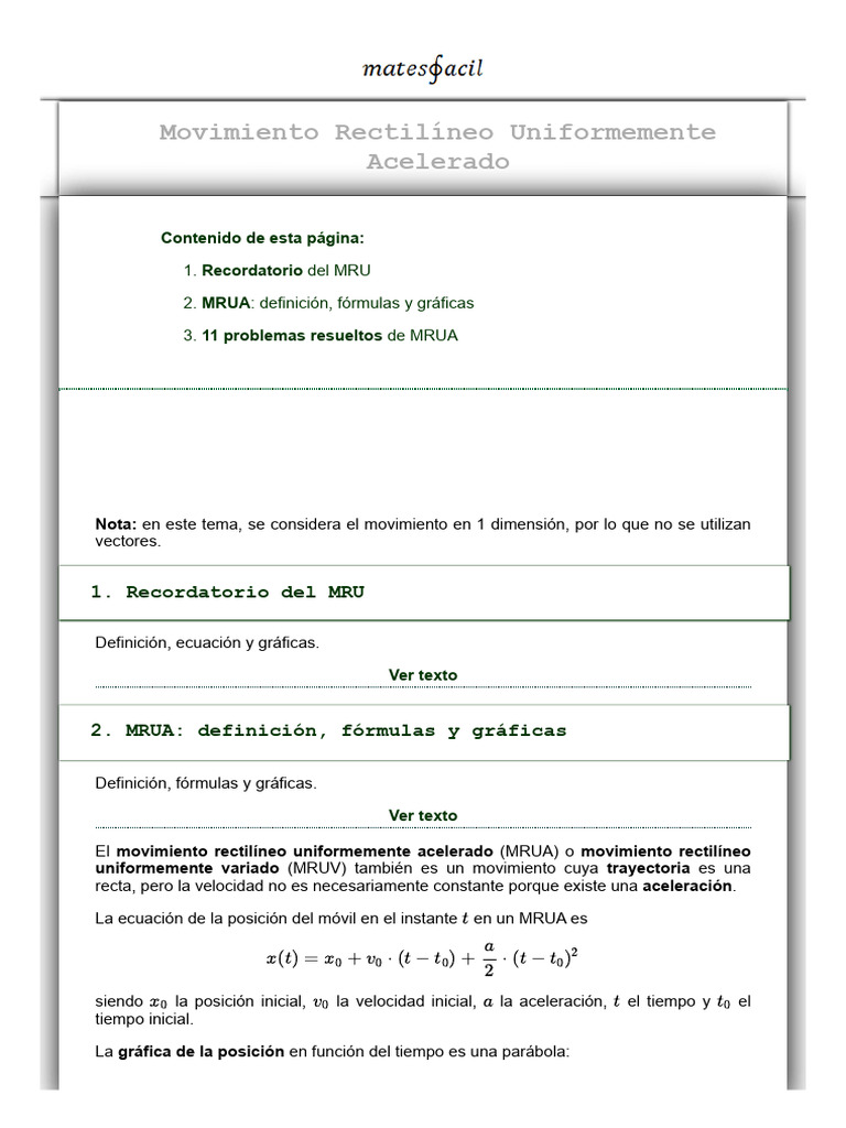 Problemas Resueltos de Movimiento Rectilíneo Uniformemente Acelerado (MRUA) | PDF | Velocidad ...