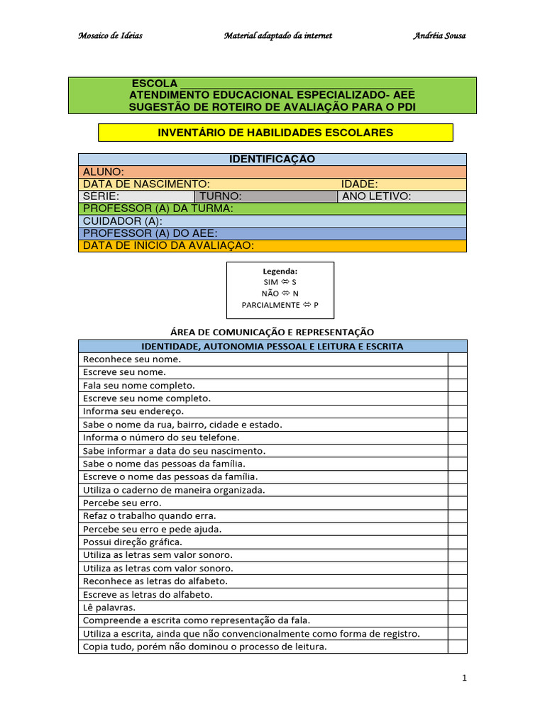Roteiro de Avaliação Do Pdi para o Aee Mosaico de Ideias | Download ...
