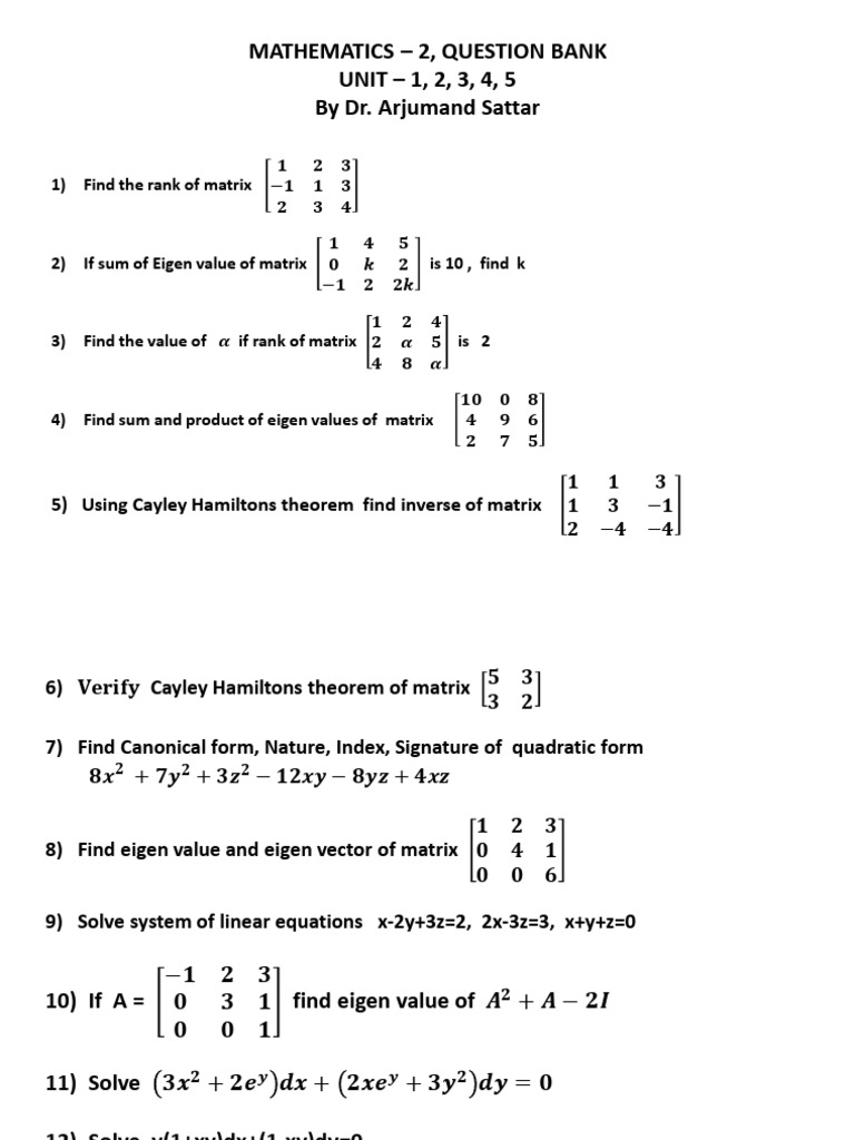 Mathematics 2 Question Bank | PDF | Matrix (Mathematics) | Eigenvalues And Eigenvectors